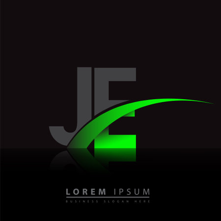 initial letter JE logotype company name colored green and black swoosh ...