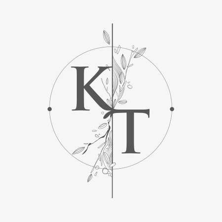 Letter KT Initial Logo with Hand Draw Floral, Initial Wedding Font Logo ...