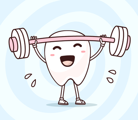 illustration of smile white tooth with barbell lifting weights on blue ...