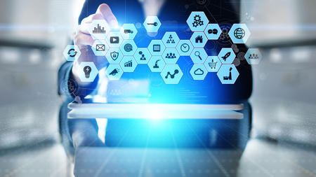 Mixed media, Business intelligence icons on virtual screen, analysis ...