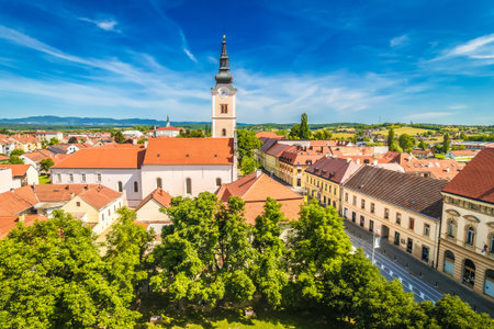 Picturesque town of Krizevci in Prigorje region church and park aerial ...