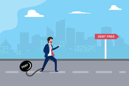 Debt Free vector concept: Businessman in face mask tied by a burden ...