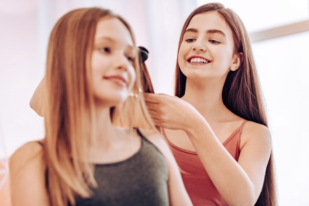 Home interaction. Amazing brunette being attentive while helping her ...