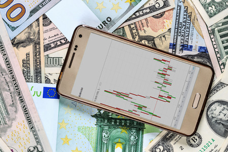 Concept with money american dollar and euros bills and mobile phone ...