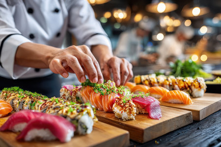 A close-up shot of a chef's hands preparing sushi, under the warm ...