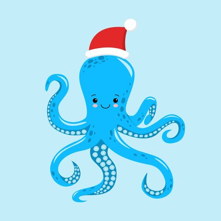 Octopus cartoon character. A Cute octopus wearing Santa Claus hat for ...