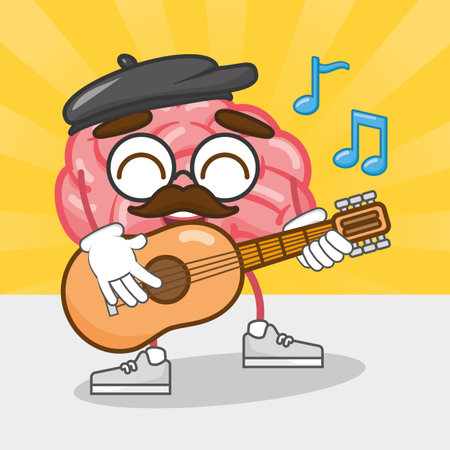 cartoon brain playing guitar music creativity vector illustration ...