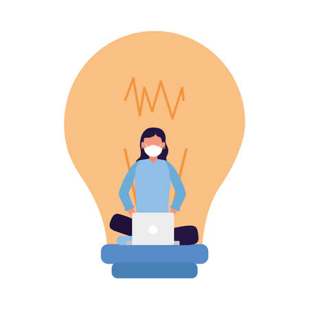 Woman with mask laptop and light bulb design, Idea creativity and covid ...