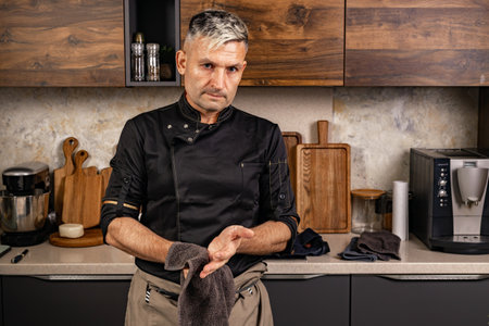 Portrait a charming stylish chef in a black jacket wipes his hands with ...