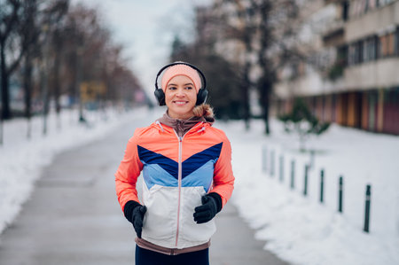 Beautiful woman jogging on a city street with snow on cold winter day ...