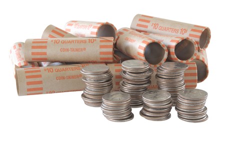 stacks of quarters and empty quarter rolls isolated on whiteの写真素材 ...