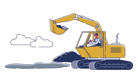 Concept Of Road Works. Worker Repair Road Surface. Character Is Working ...