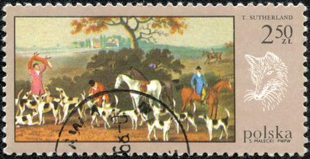 POLAND - CIRCA 1968 a stamp printed in the Poland shows Fox Hunt, by T ...