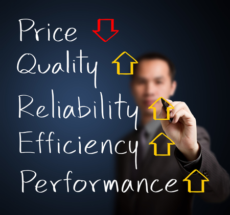 business man writing decreased price compare with increased quality ...