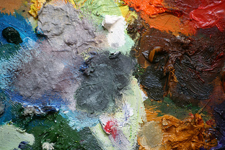 Close up detail of an artists pallet with oil paints creating an ...