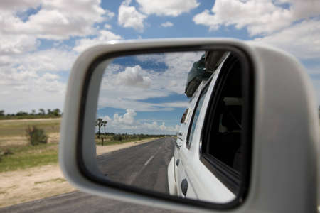 Mirror and african view while driving in Nambia - Kaokoland - Stock ...